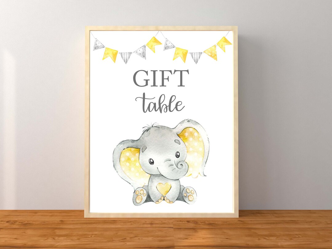 Gift Table Sign, Elephant Gifts Sign, Yellow Elephant Baby Shower ...