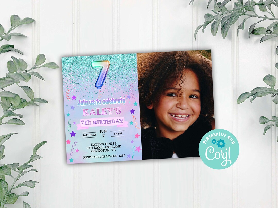 Girls 7th Birthday Party Photo Invitation, Girl Seventh Birthday ...