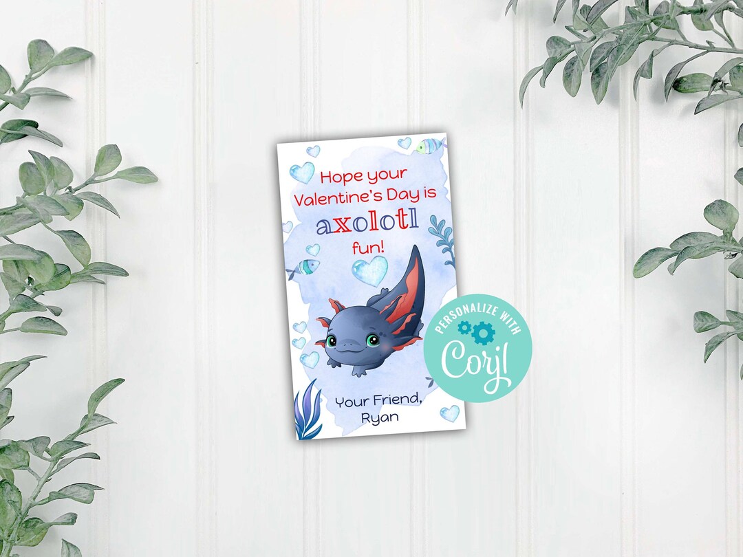 Valentine's Day Axolotl Cards, Axolotl Valentine Card, School Party ...