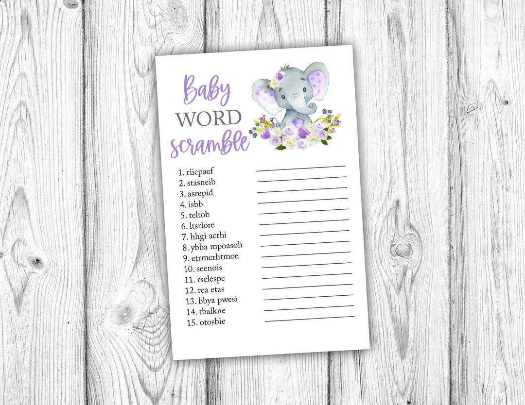 Elephant Baby Word Scramble Game, Floral Purple Elephant Baby Shower ...
