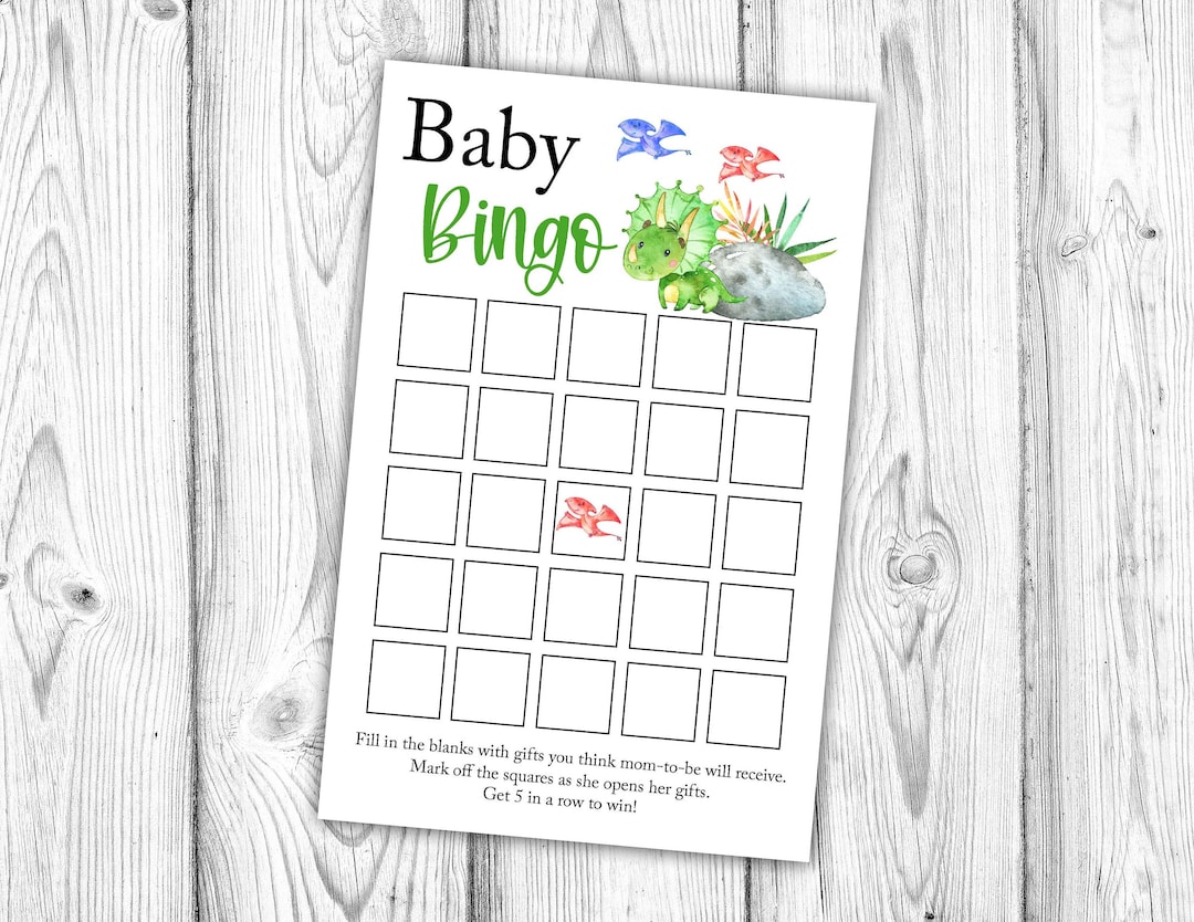 Baby Shower Bingo, Dinosaur Baby Shower Bingo Game, Blank Dinosaur ...