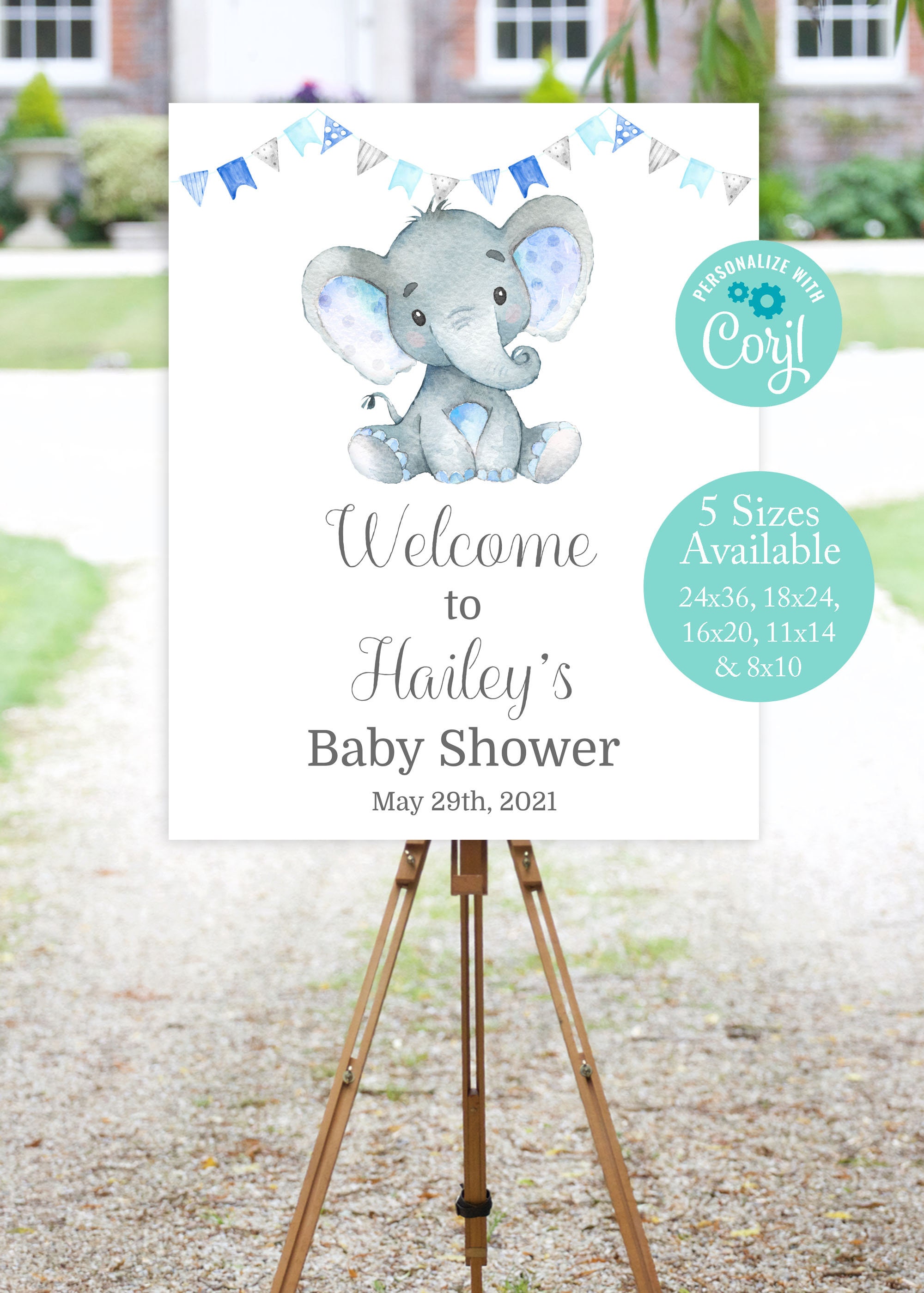 Blue Elephant Baby Shower Welcome Sign, Boy Elephant Welcome Poster ...