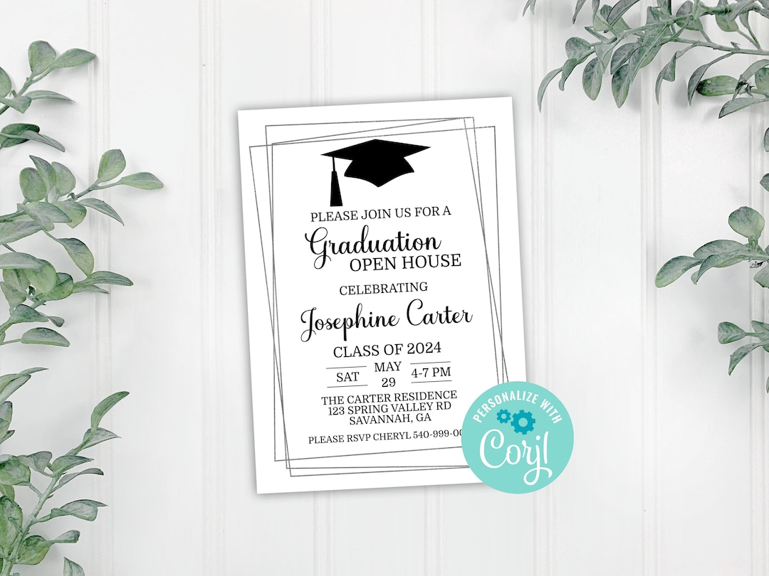 Graduation Open House Invitation, Editable 5x7, 4x6 Inch Gray and Black ...
