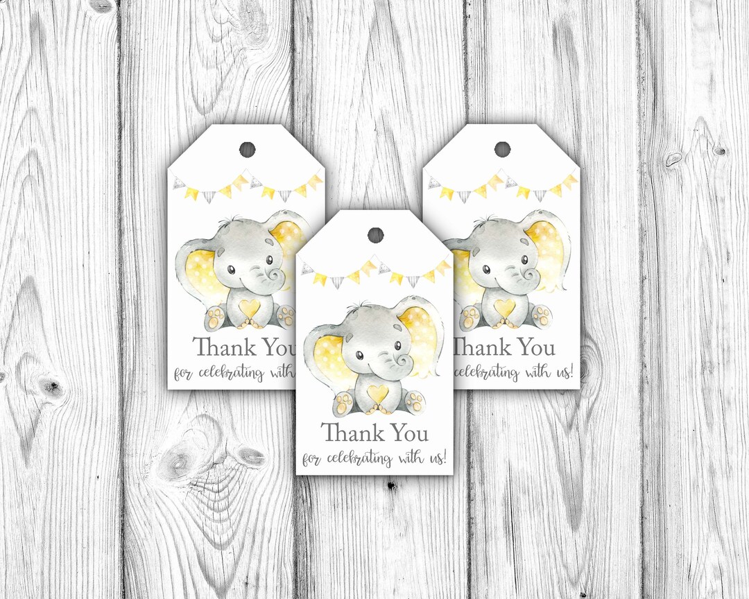 Elephant Favor Tags, Yellow Elephant Baby Shower, Elephant Baby Shower ...