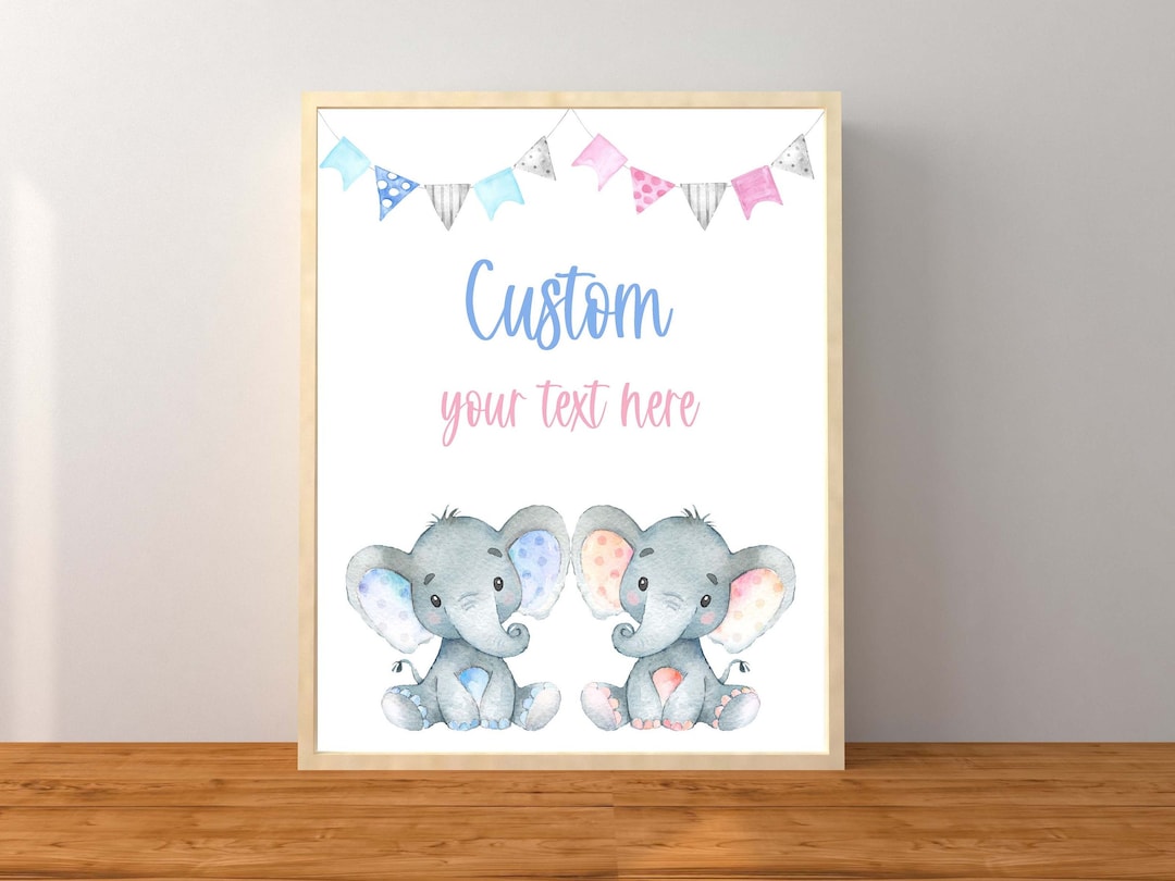 Twin Elephant Custom Sign, Elephant Personalized Sign, Gender Reveal ...