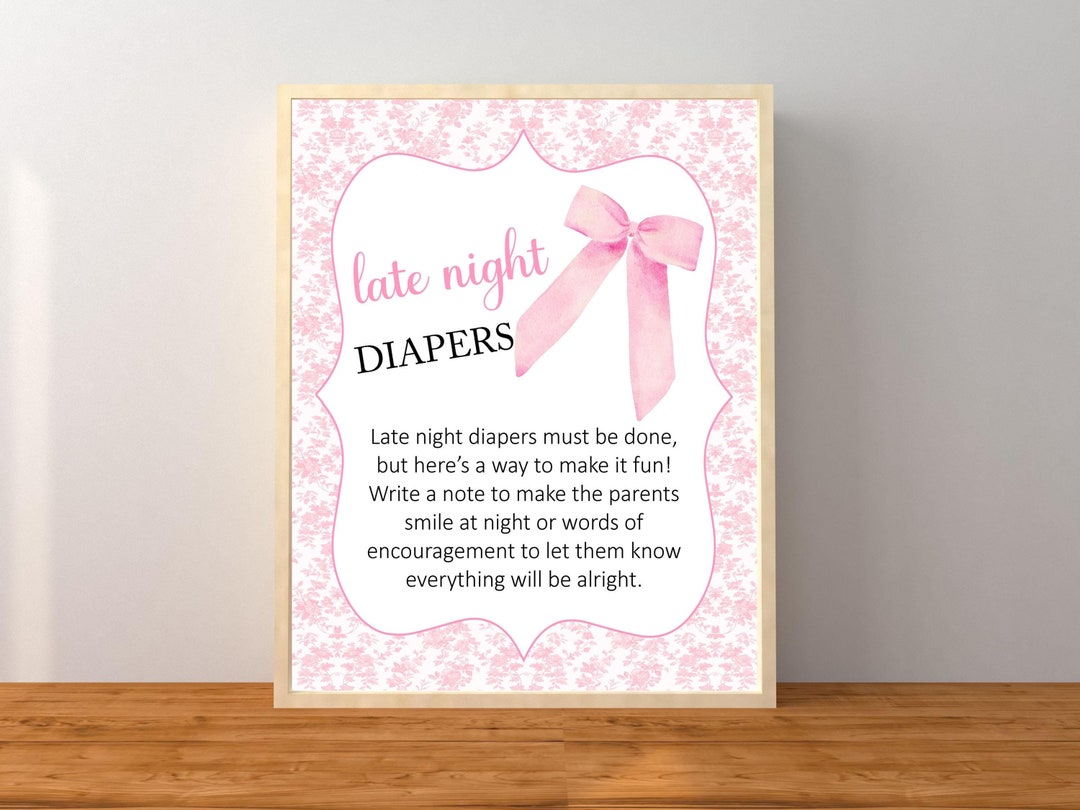 Pink Bow Late Night Diapers Sign, Late Night Diapers Game, Pink Girl ...