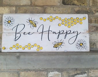 Bee Happy Wood Sign | Etsy