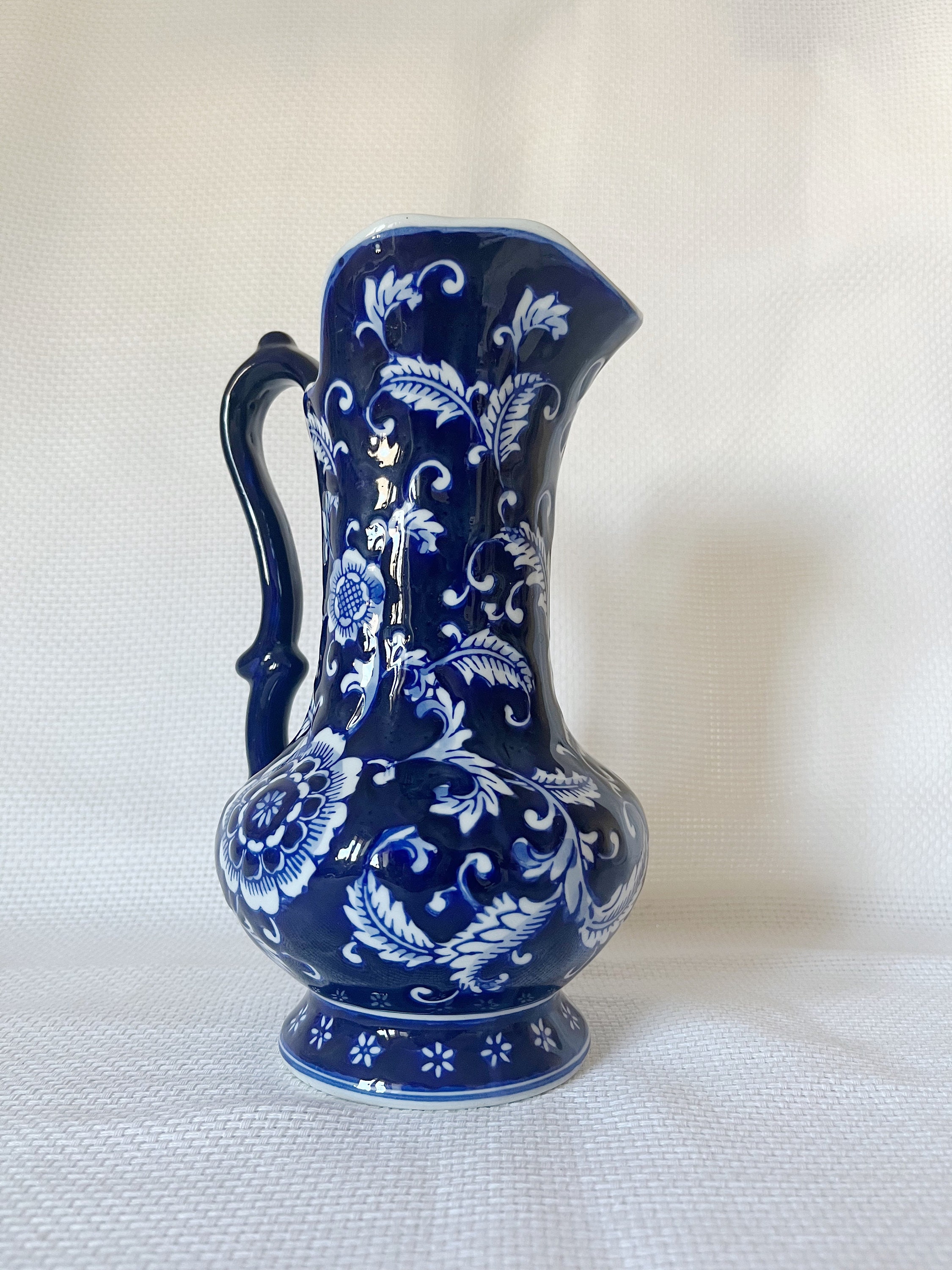 Unique Shaped Blue and White Pattern Pitcher, Floral Pitcher, Unique ...