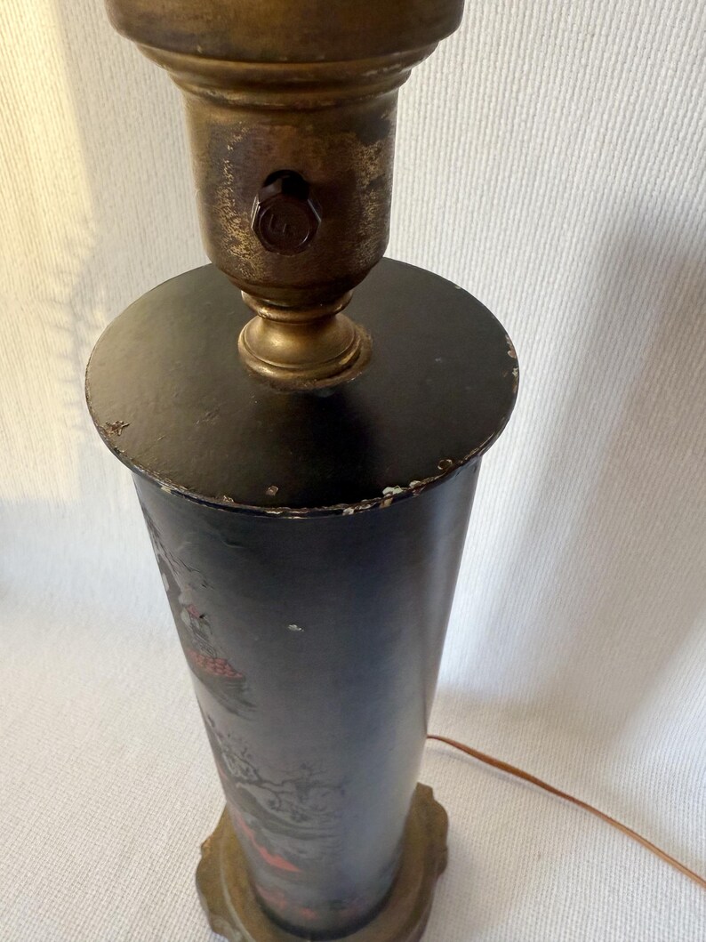 Vintage Asian Style Black Metal Table Lamp – Painted Scenic Design ...