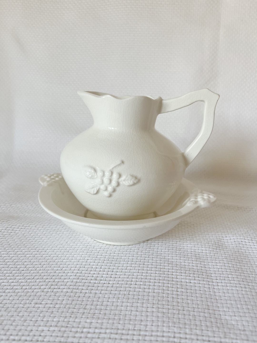 Vintage White Pitcher and Bowl Set Grape Pattern, 1980s White Glazed ...