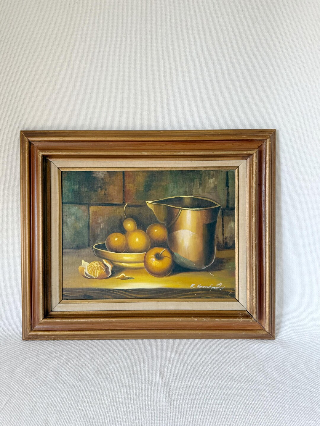 Vintage Still Life Painting With Fruit and Brass Jug, Framed Oil on ...
