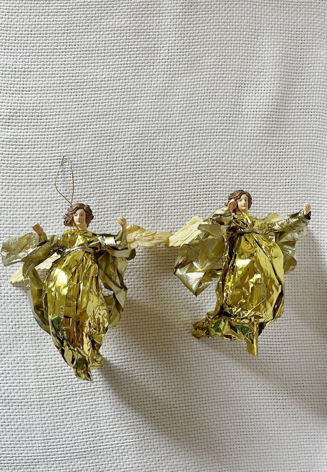 Set of 2 Angels in Golden Foil Christmas Tree Ornaments, Plying Angels ...