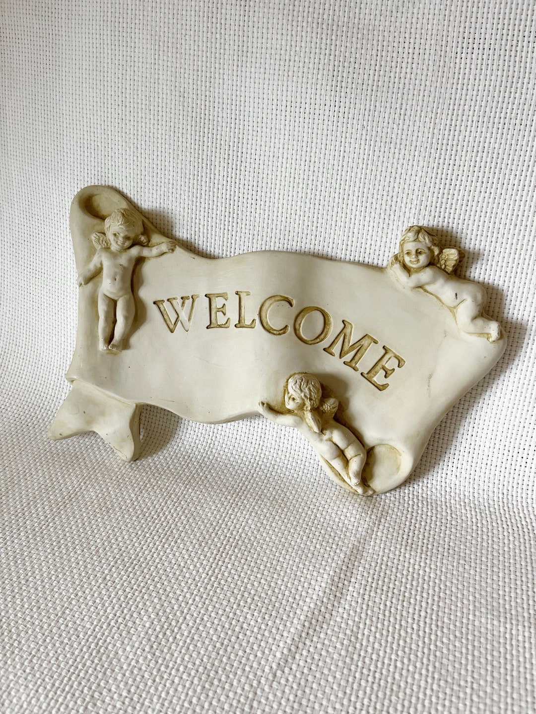 Vintage Ceramic Welcome Sign With Three Cherub Angels, Door Decoration ...