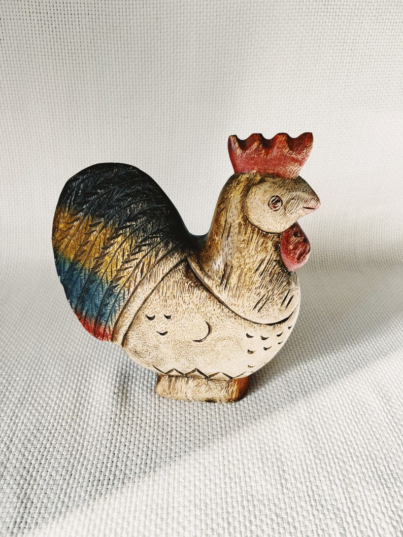Wooden Rooster Statue Figurine, Farmhouse Hand Carved Wooden Rooster ...