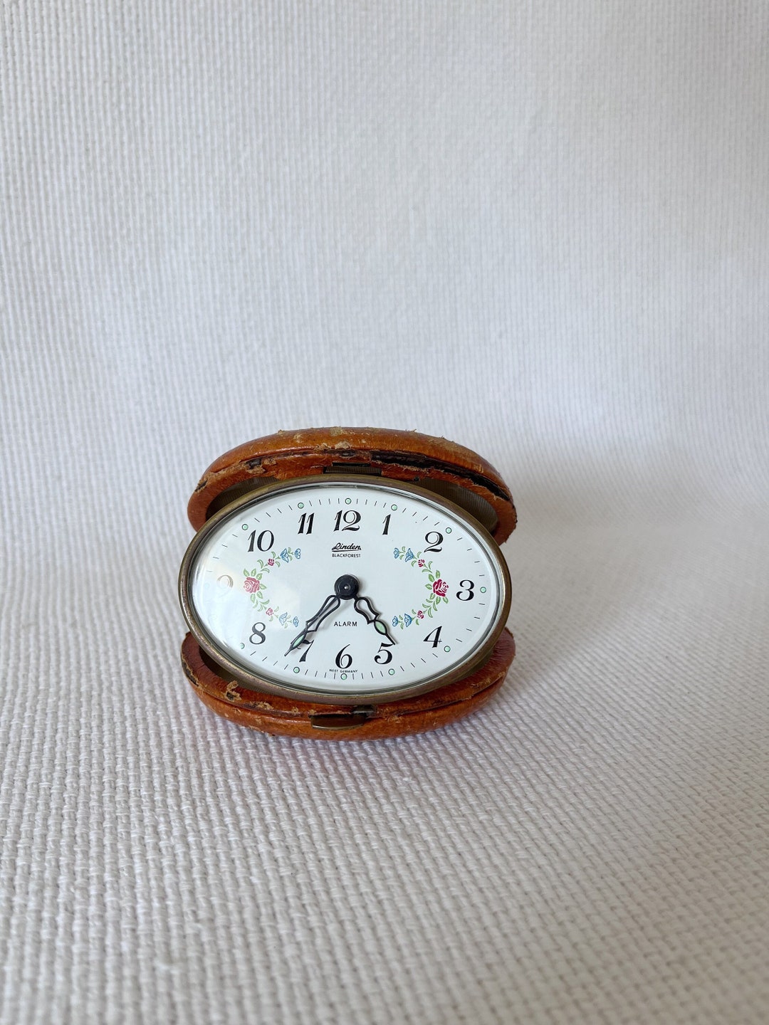 Vintage Travel Alarm Clock Europe, Brown Old Leather Exterior, Oval ...
