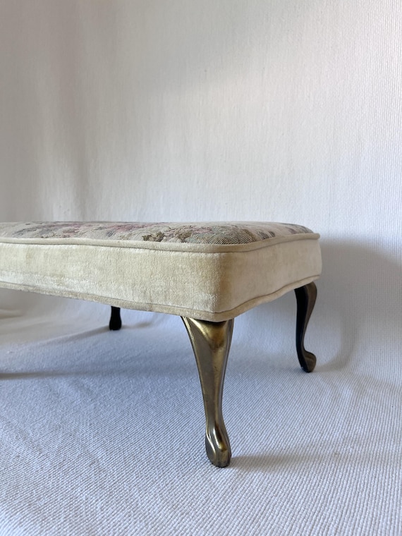 Vintage Floral Tapestry Footstool With Brass Legs Tapestry Footed Foot Stool Cushioned Cabriolet Metal Finish Legs Floral Ivory Velvet Etsy UK