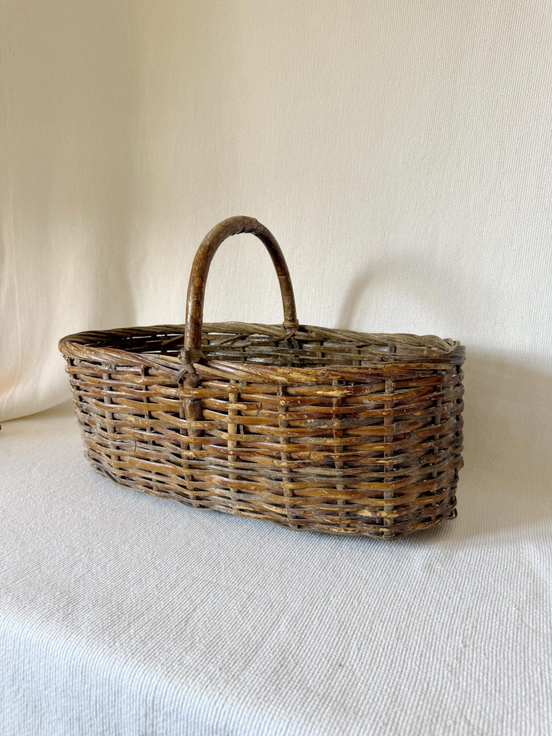 Vintage Weave Oblong Basket With Wood Handle, Gathering Basket ...