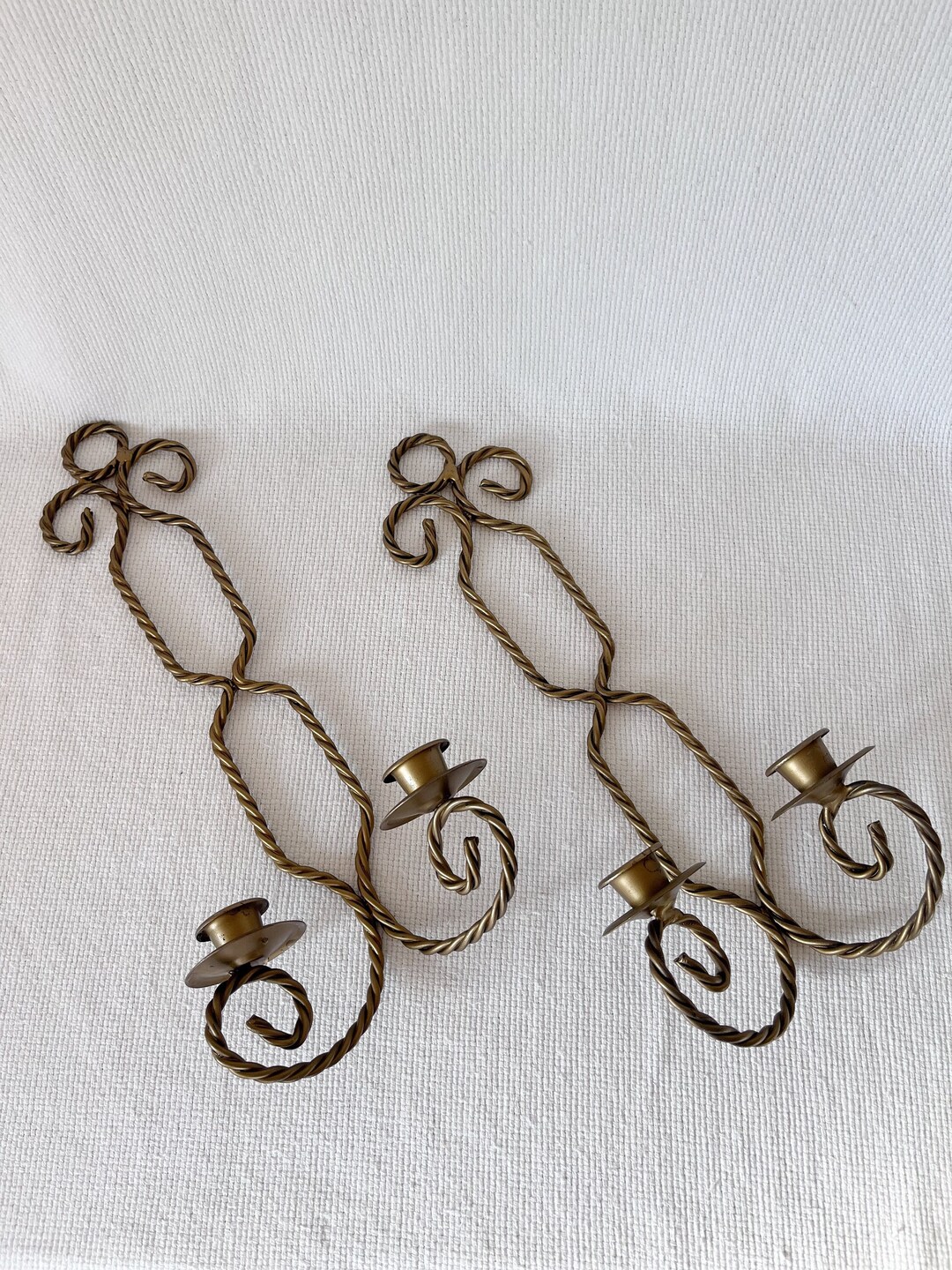 Pair of Vintage Mid Century Metal Wire Double Wall Sconces, Brass Gold ...