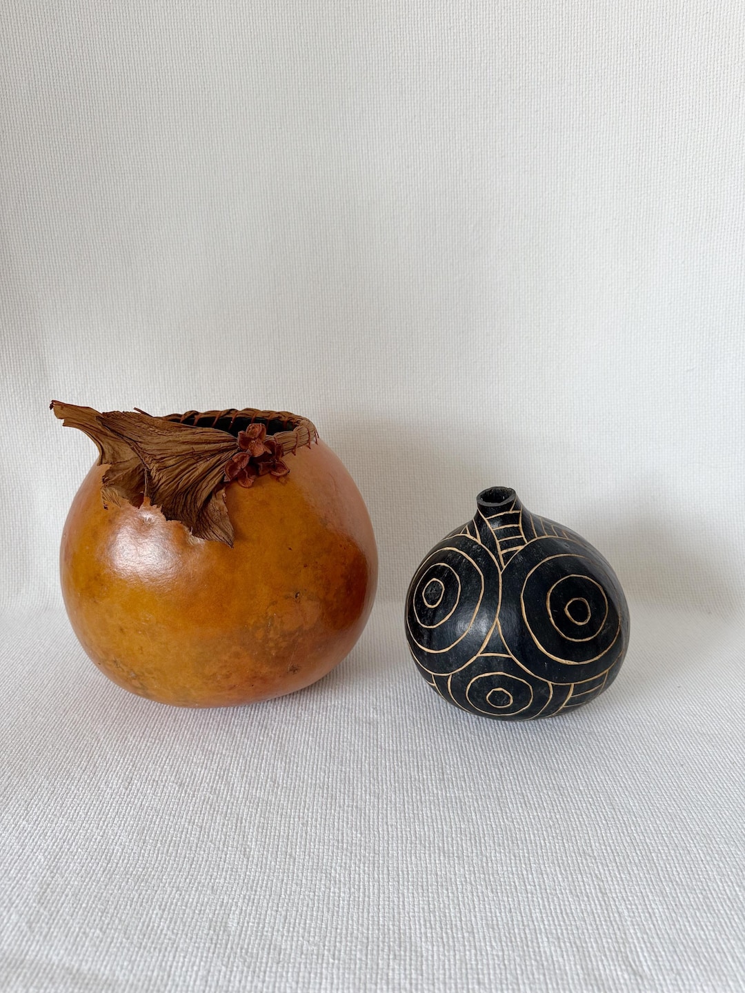 Vintage Handcrafted Gourd Vessels, Natural Dried Gourd Bowl and Black ...