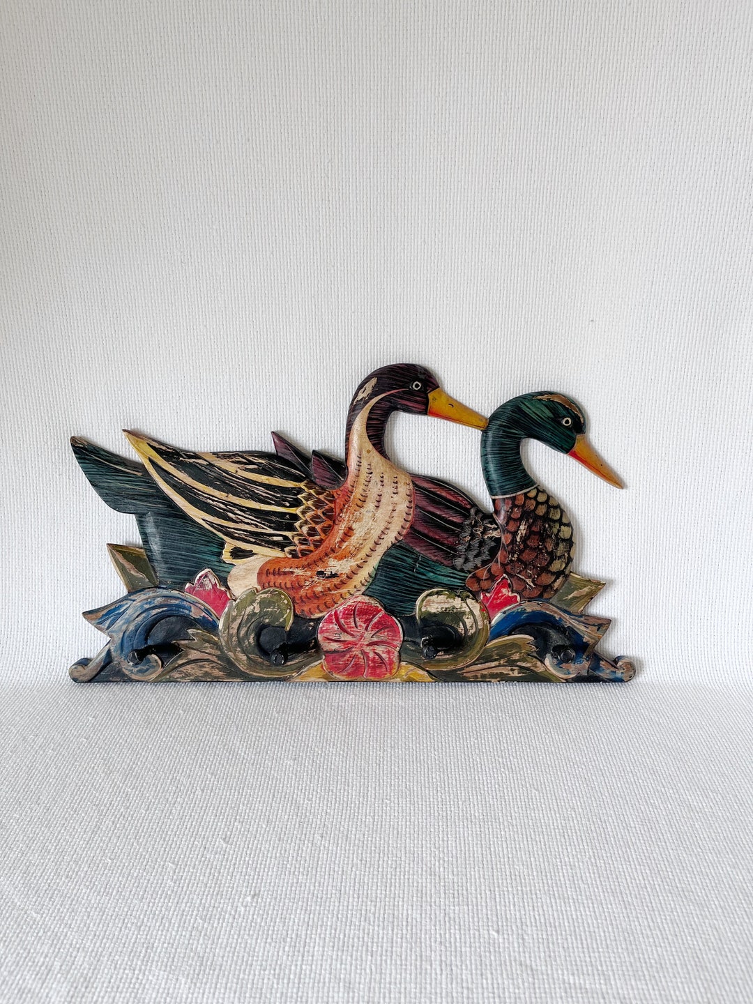 Vintage Wooden Duck Wall Hanging Plaque W/ 4 Hooks Painted Wood Nature ...