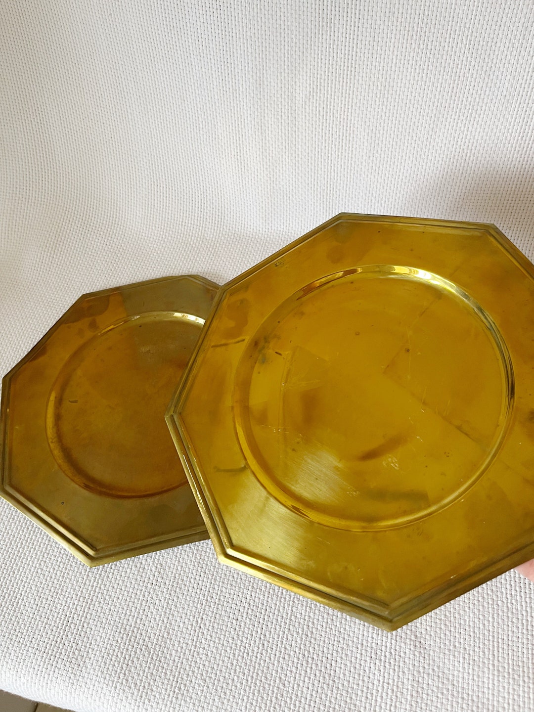 Vintage Two Solid Brass Octagonal Plates, Minimal Holiday Decoration ...
