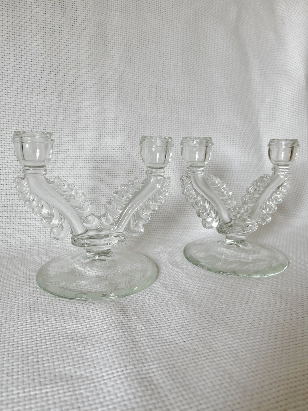 Vintage Clear Glass Double Light Candlestick Holders, Unique Glass ...