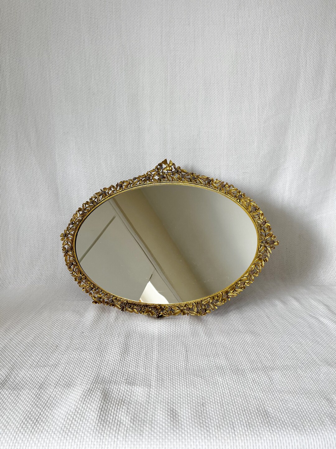 Vintage Gold Brass Ornate Floral and Birds Vanity Tray Mirror, Oval ...