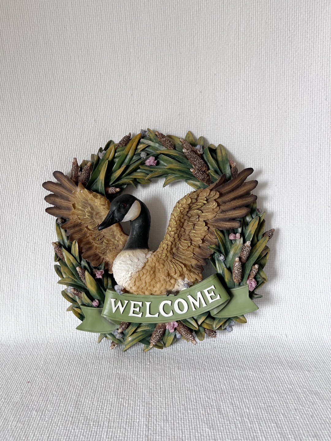 Vintage Resin Welcome Sign With 3D Floral Goose Welcome Wreath Wall ...
