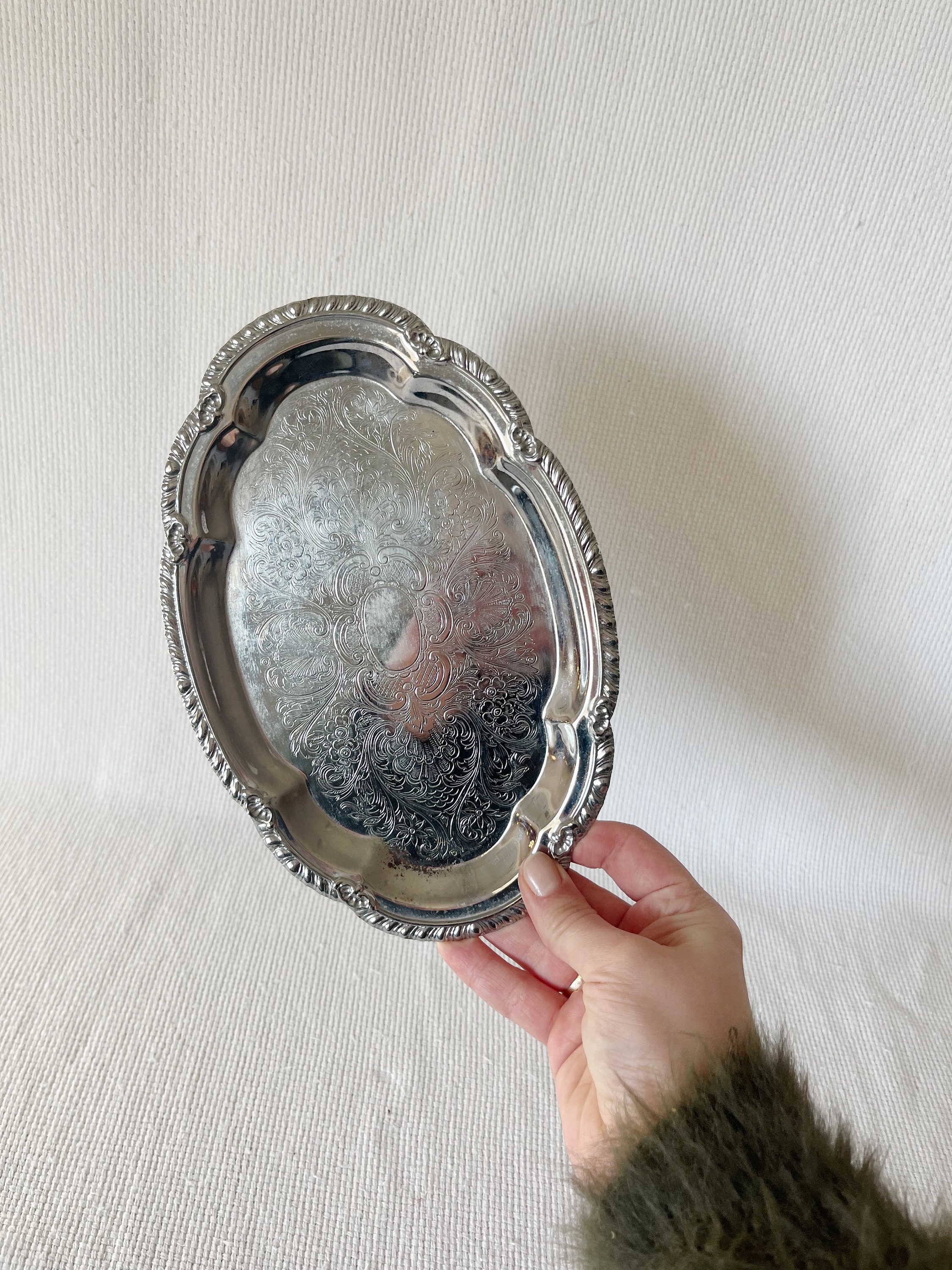 Vintage Metal Silver Vanity Tray With Floral Etching Accents, Spice ...