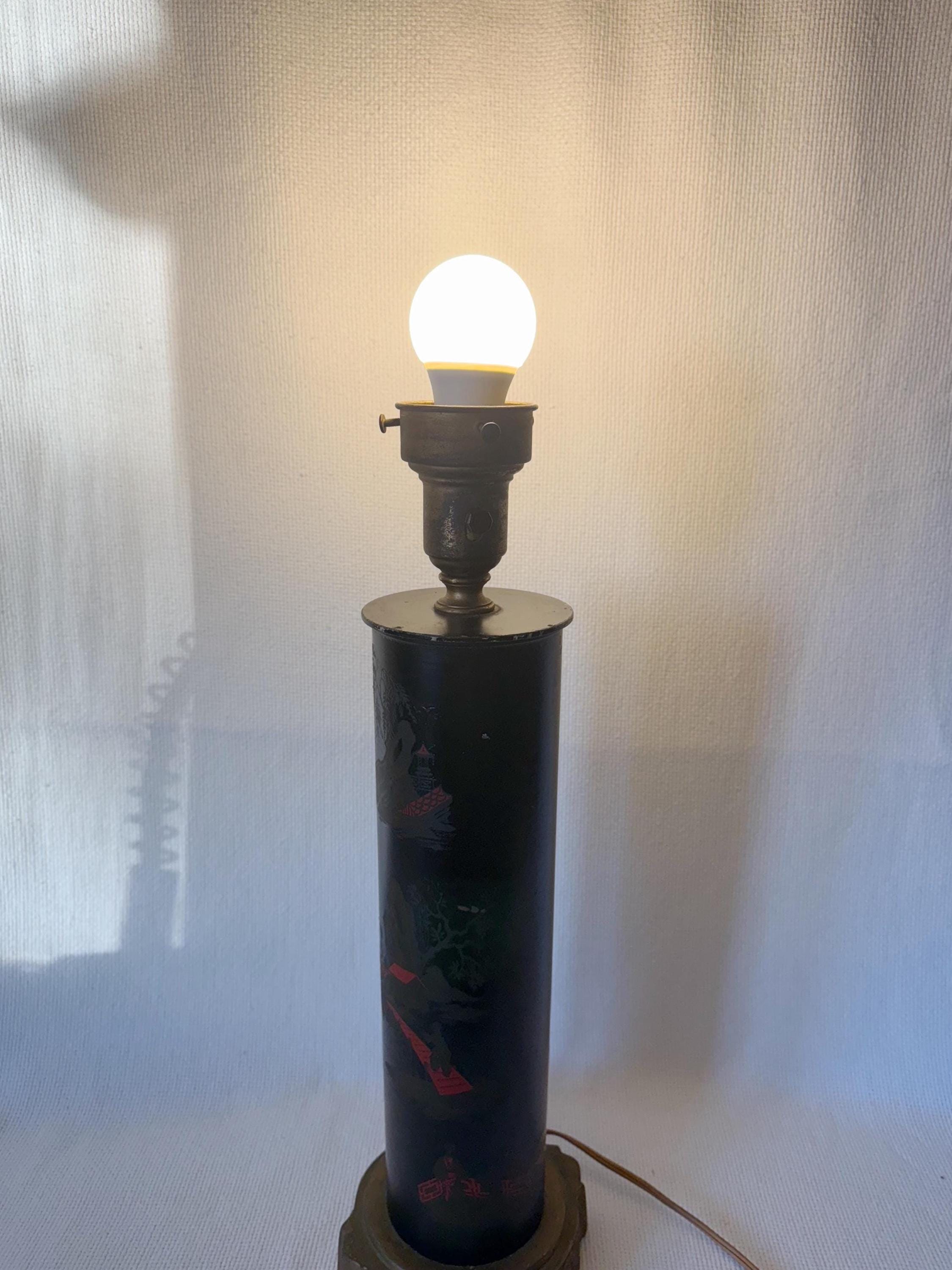 Vintage Asian Style Black Metal Table Lamp – Painted Scenic Design ...