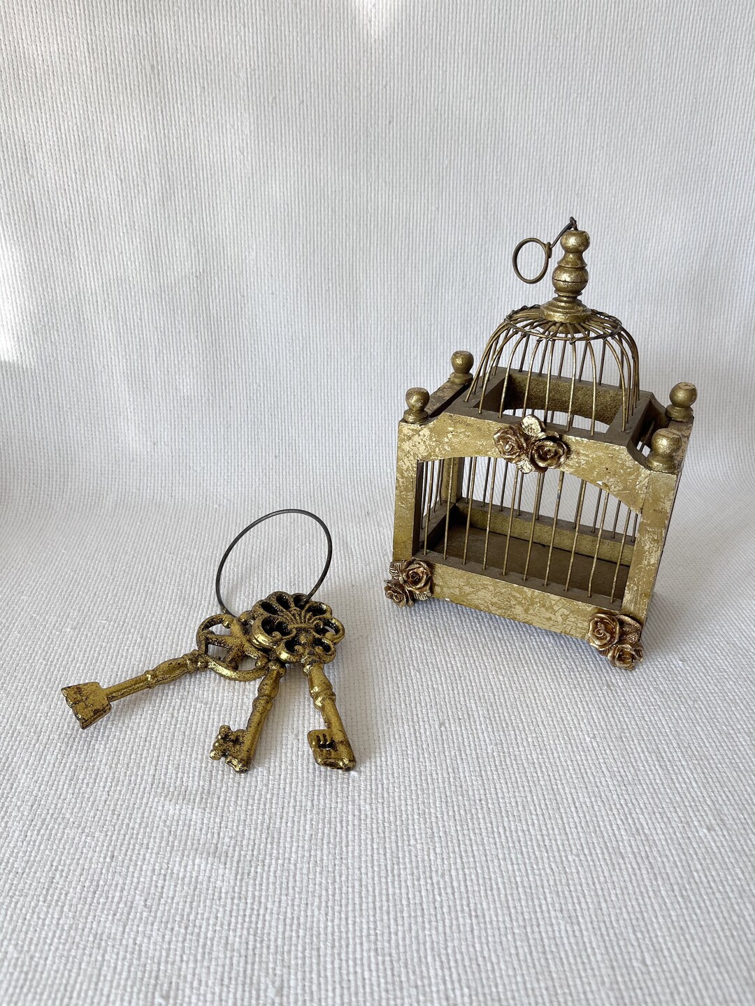 Vintage Decorative Small Gold Bird Cage With Golden Roses and Matching ...