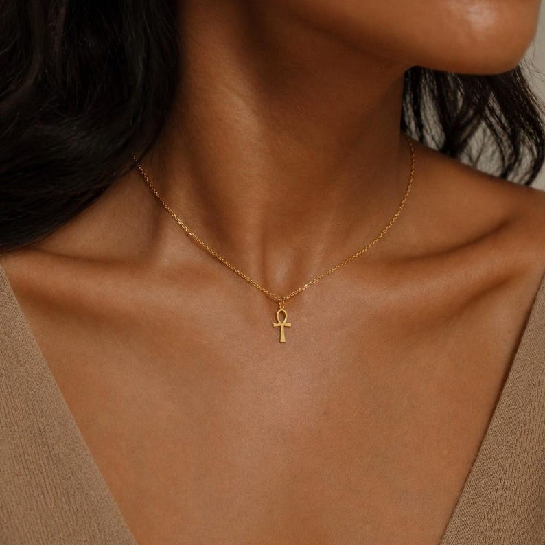 18K Gold Ankh Cross Necklace, Egyptian Jewelry, Key of Life Pendant ...