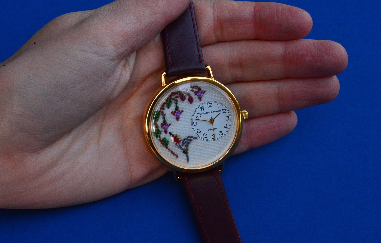 Hand Embroidered Jewellery: Hummingbird Watch in Petit Point Silk Gauze ...