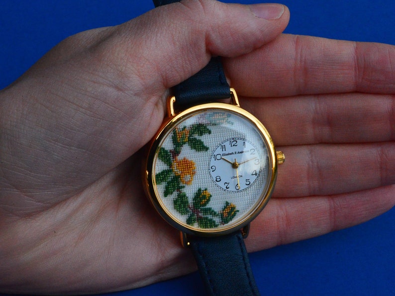 Hand Embroidered Jewellery: Yellow Rose Flower Watch in Petit Point ...