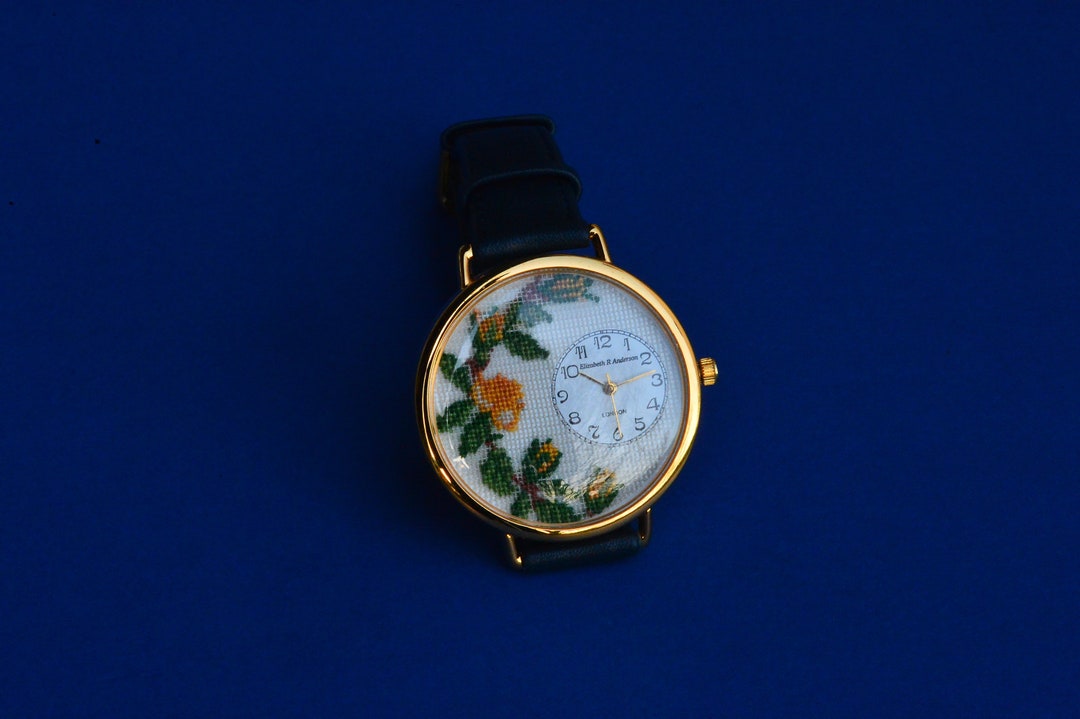 Hand Embroidered Jewellery: Yellow Rose Flower Watch in Petit Point ...