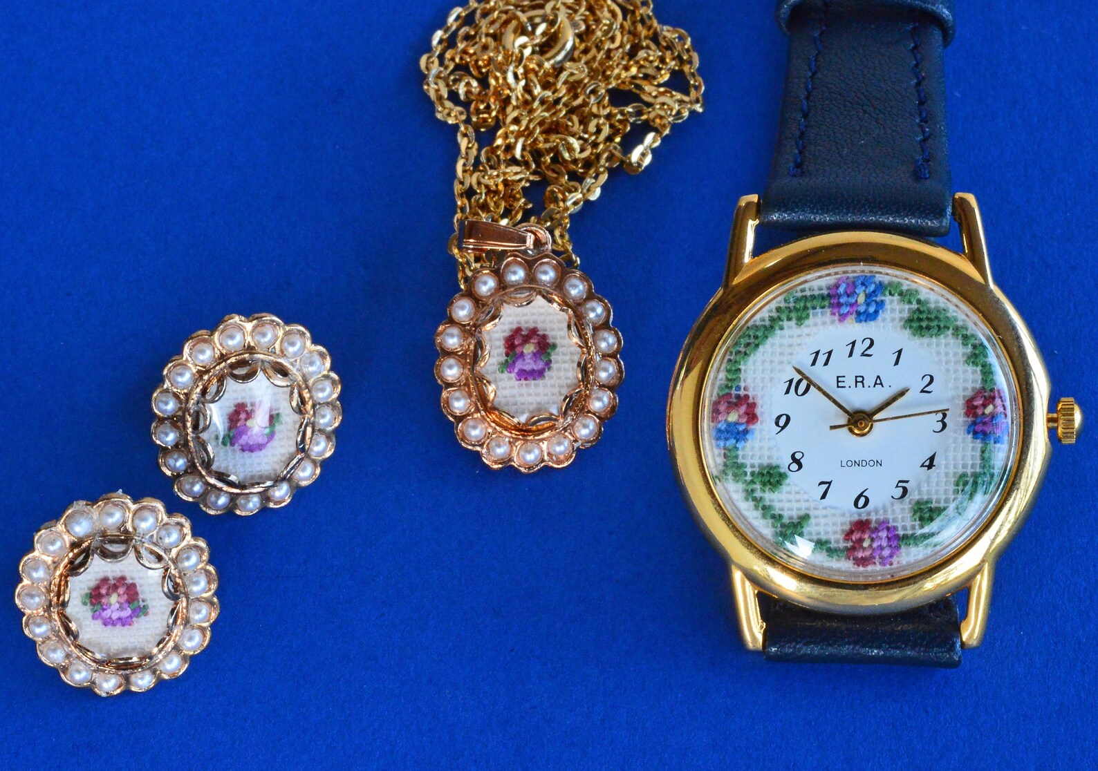 Hand Embroidered Jewellery: Small Pansy Watch in Petit Point Silk Gauze ...