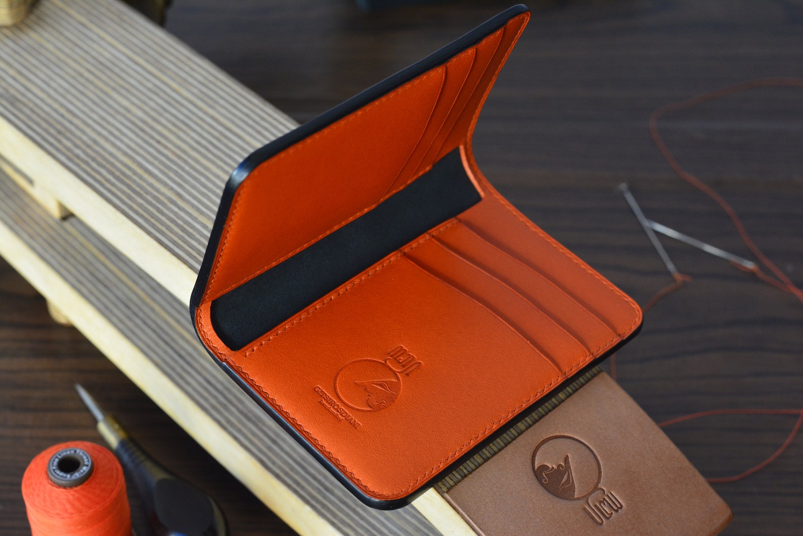 8pocket Black Shell Cordovan and Orange Italian Buttero Leather Bifold ...