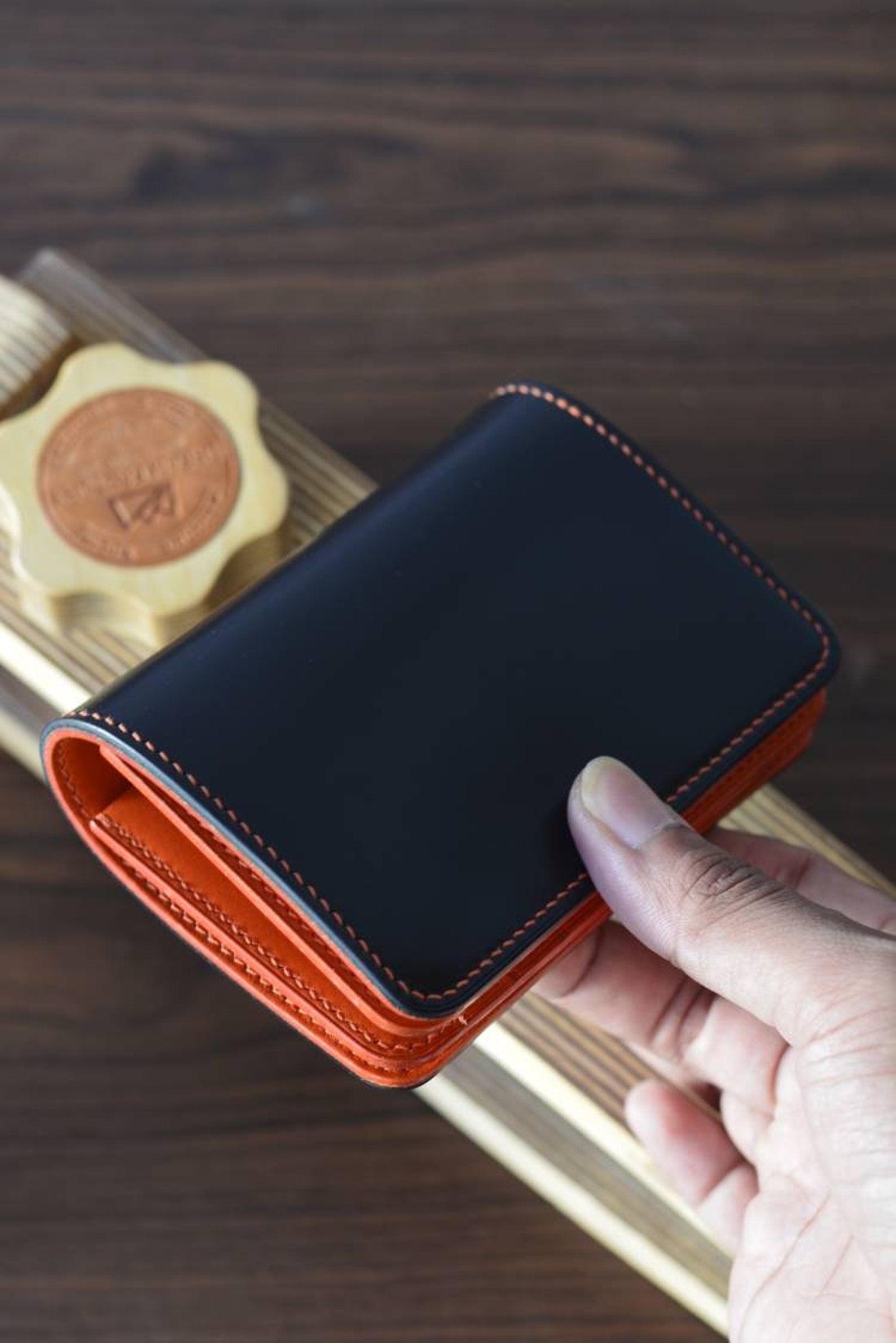 Black Shell Cordovan and Orange Buttero Leather Middle Wallet. Men Gift ...