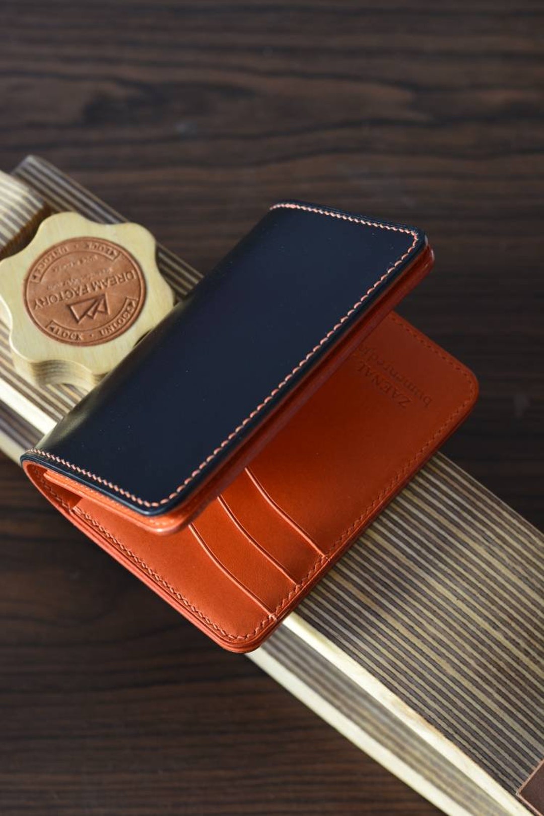 Black Shell Cordovan and Orange Buttero Leather Middle Wallet. Men Gift ...