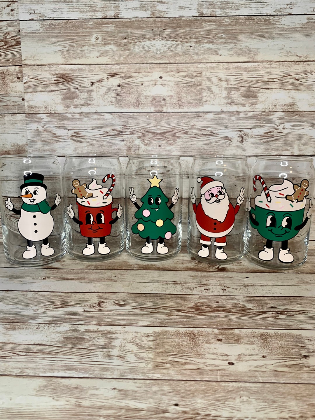Retro Christmas Character Beer Can Glasses / Vintage Santa Snowman ...