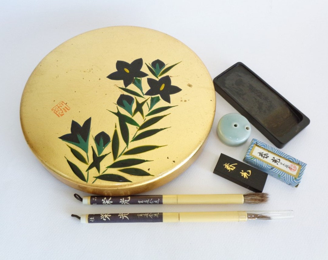 Japanese Calligraphy Tools-ink Stone,ink Stick,2 Brushes,water Dropper ...