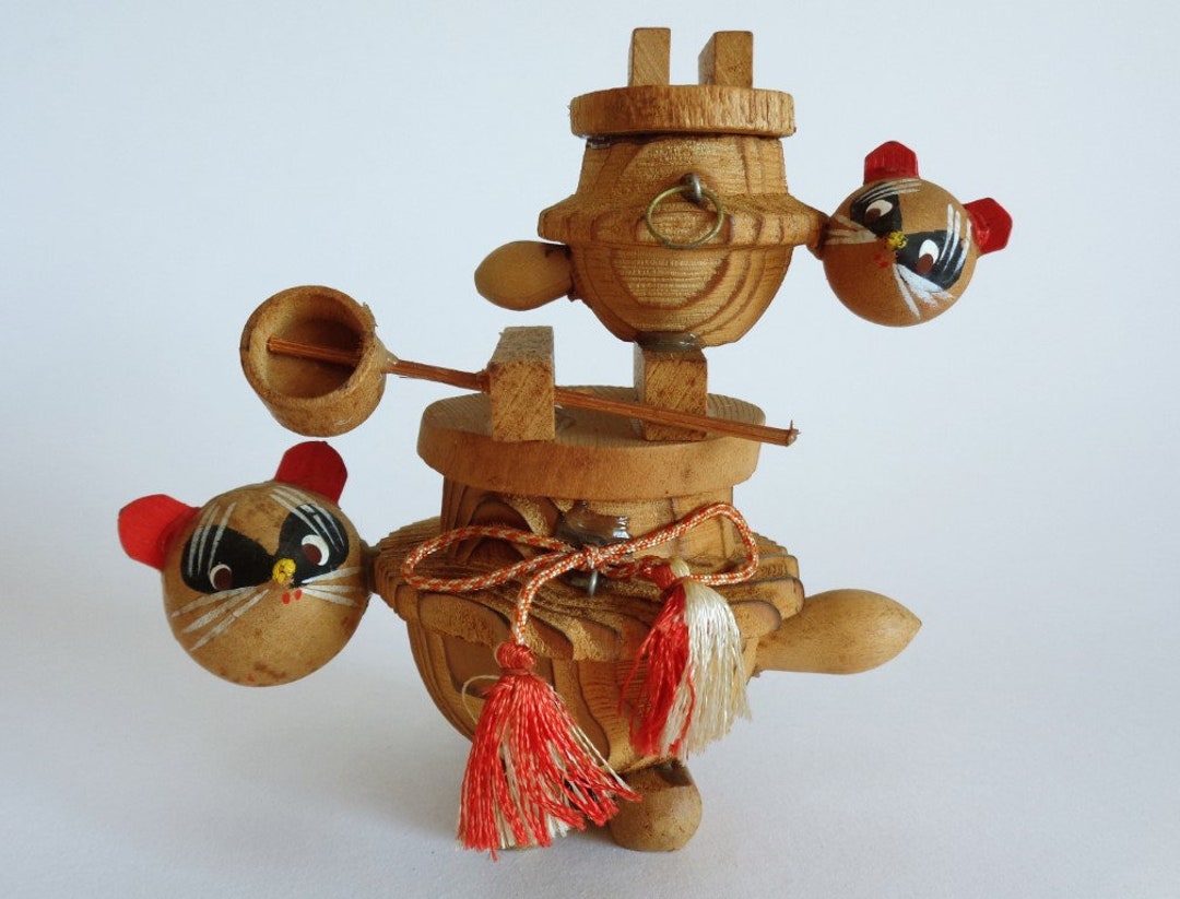 Tanuki Wood Carved Kokeshi,japanese Wooden Tanuki Dolls, Vtg Japanese ...