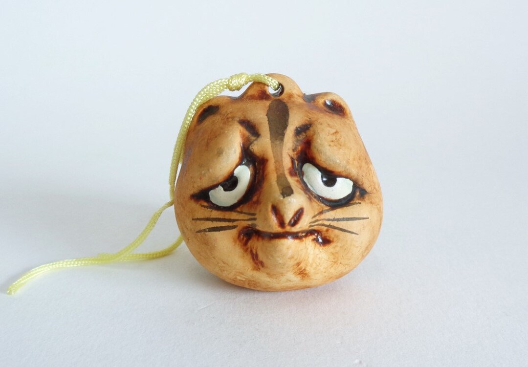 Tanuki Dorei Bell Okimono Ornament, Japanese Hand Made Clay Tanuki Good ...