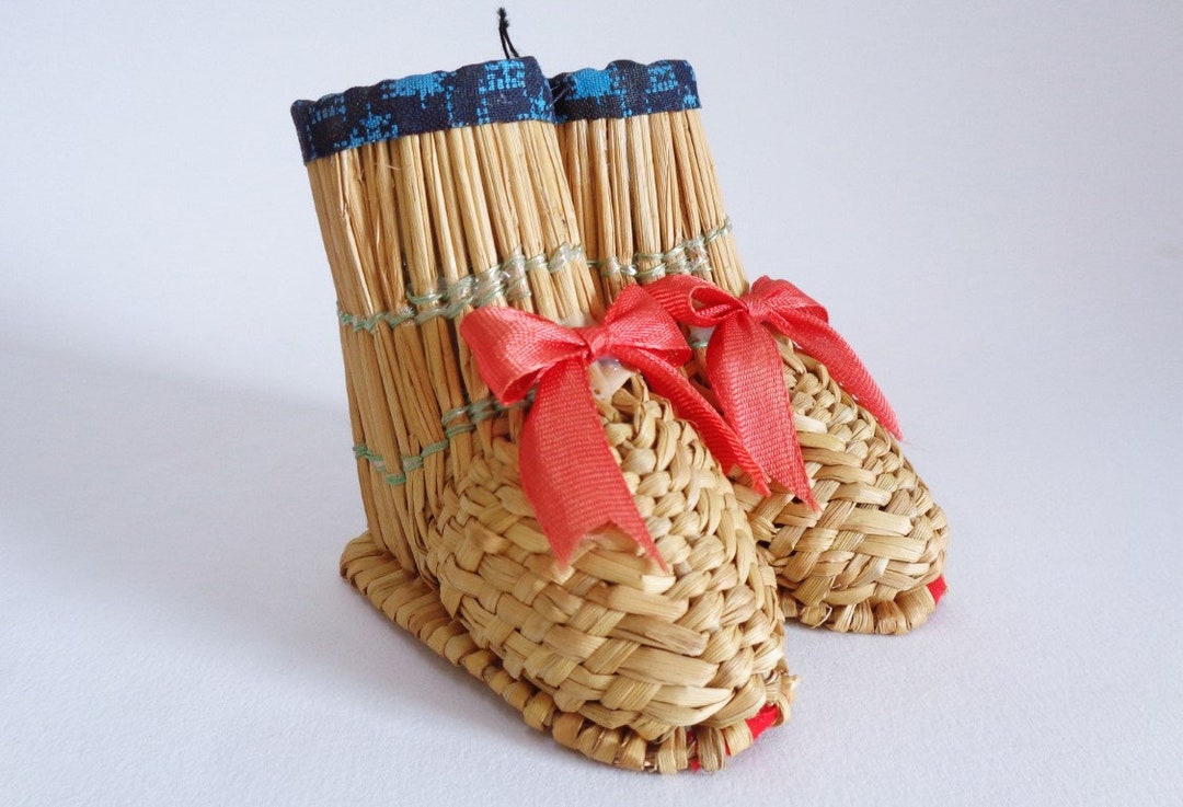 Miniature Straw Snow Boots With Aizome Indigo-died Cotton,hand Woven ...
