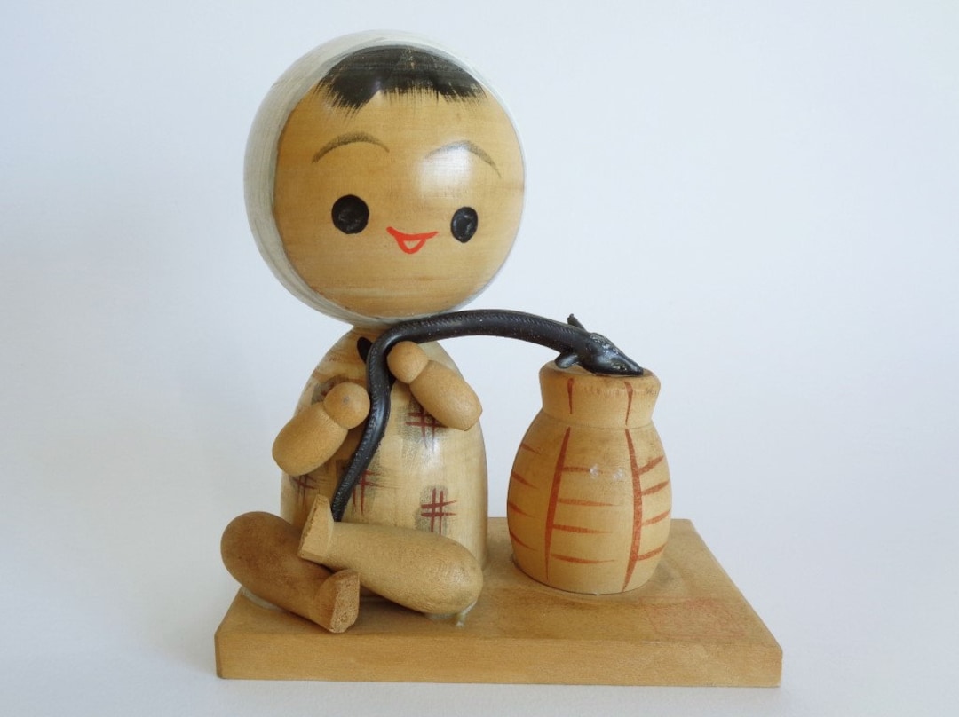 Vintage Sosaku Kokeshi Doll: Girl With Snake Fish, Rare Wooden Art - Etsy