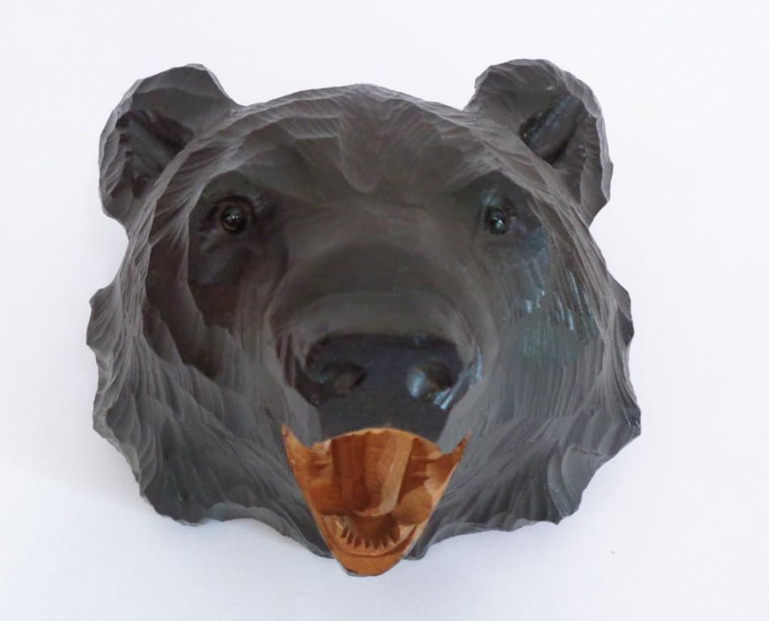 Bear Wood Carved Mask Wall Hanging Okimono Ornament , Vtg. Japanese ...