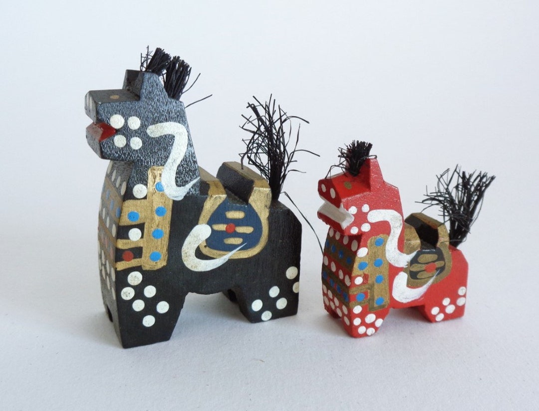 Pair of Yahata-uma Horse Dolls of Japan, Wooden Yahata Uma, Japanese ...