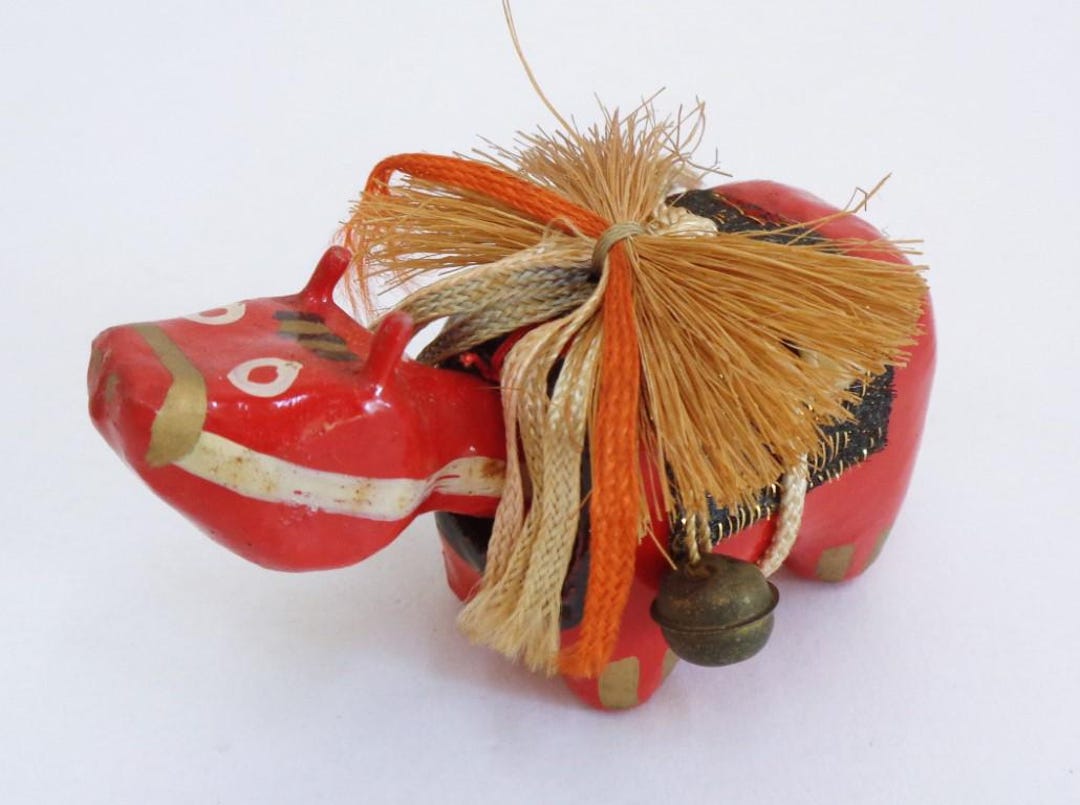 Japanese Red Cow AKABEKO Papier-mâché Lucky Charm Vintage Folk Toy Bobble Head Ornament Hand ...