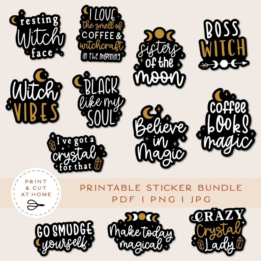 Witch Stickers, Magic Printable Stickers Bundle, Moon Vinyl Sticker ...