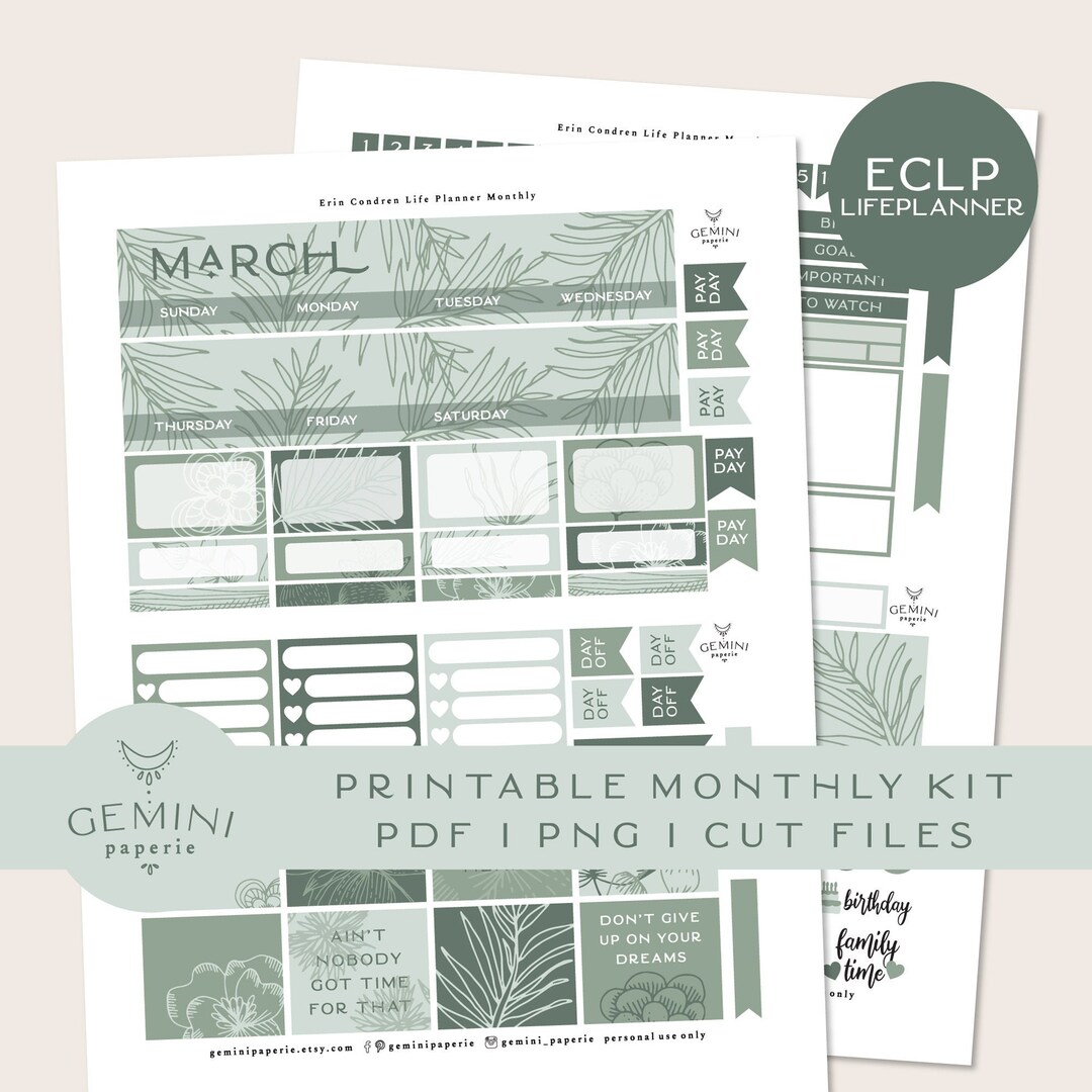 March Monthly Kit. Printable Planner Stickers for Erin Condren 2021 ...